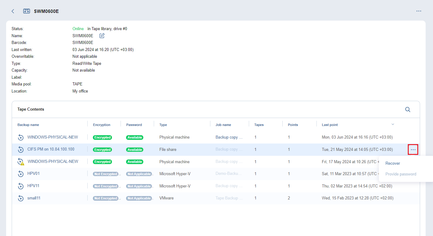 Starting Backup Copy to Tape Recovery Wizard